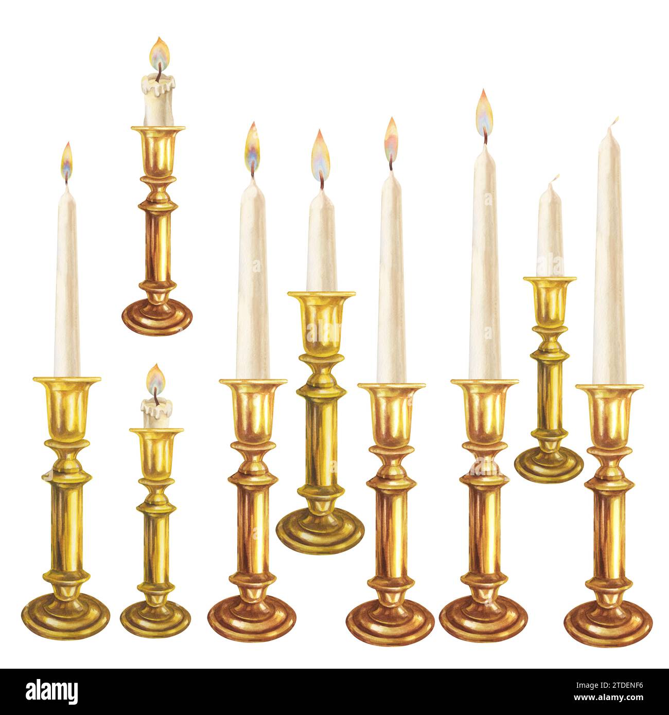 Watercolor white vertical short and long candles with flame in gold and ...