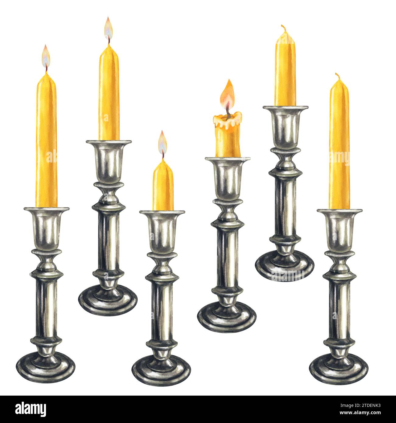 Watercolor yellow vertical short and long candles with flame in silver ...