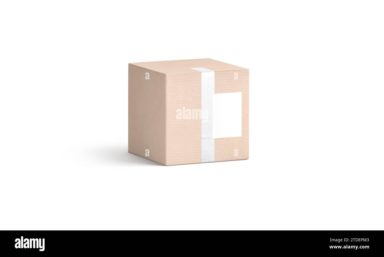 Blank white shipping label on craft box mockup, half-turned view, 3d ...