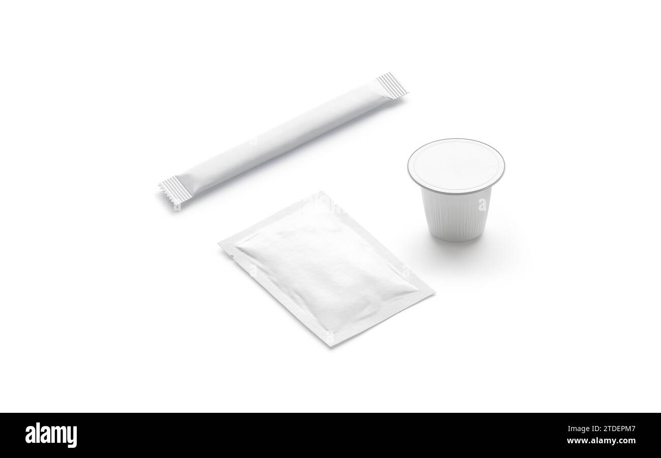 Blank white coffee, sugar and sachet pack mockup, isolated, 3d ...