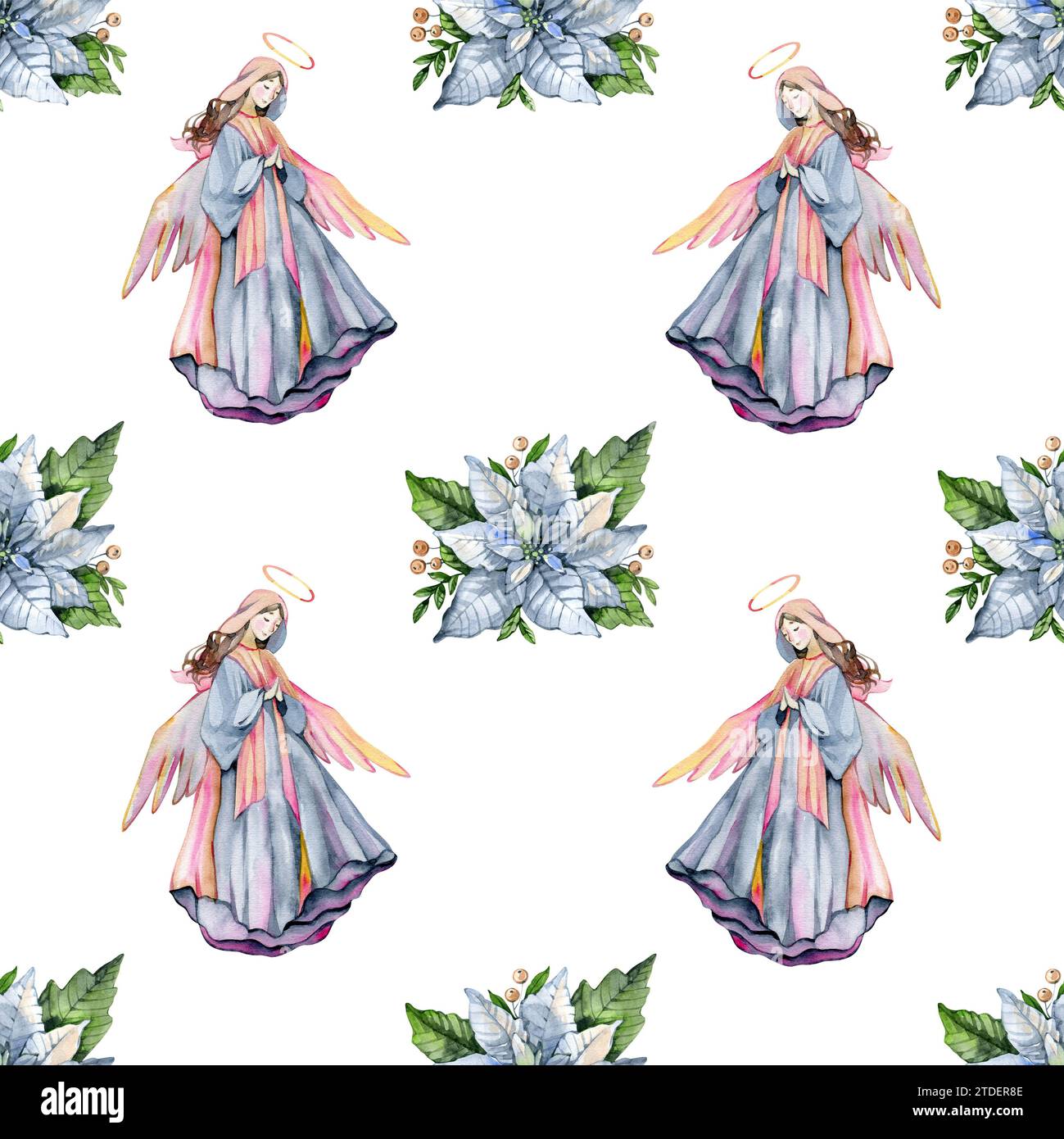 Hand painted watercolor trumpeting flying angels with stars, seamless ...