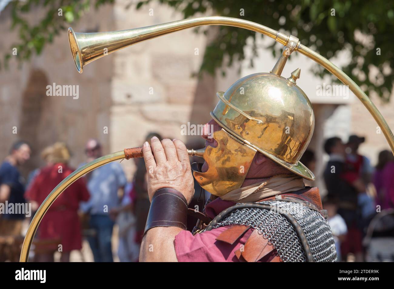 Merida, Spain - June 4th, 2023: Roman war-trumpeter performing. Emerita ...