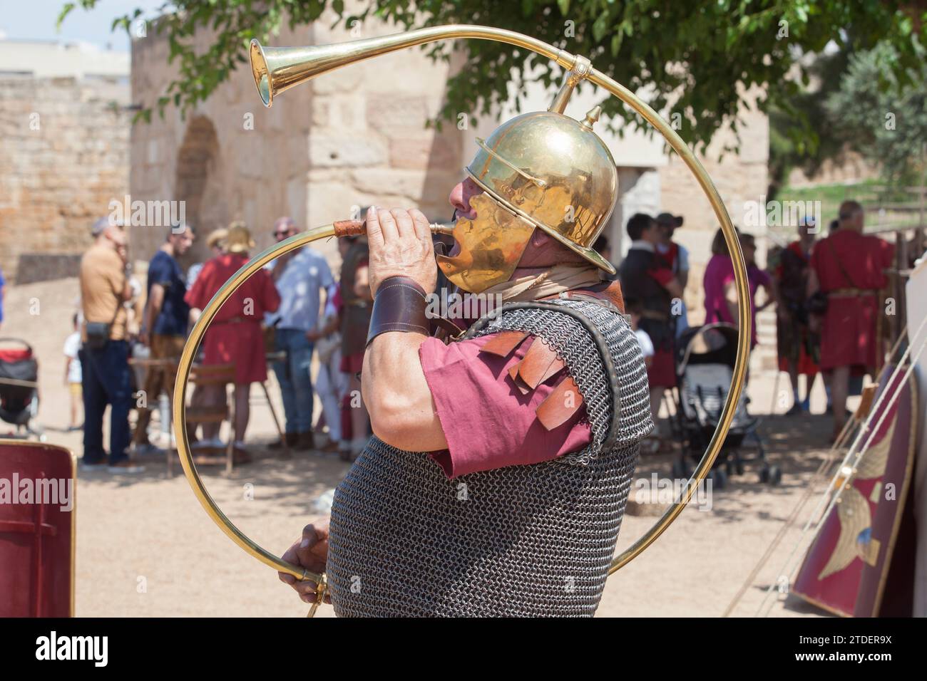 Merida, Spain - June 4th, 2023: Roman war-trumpeter performing. Emerita ...