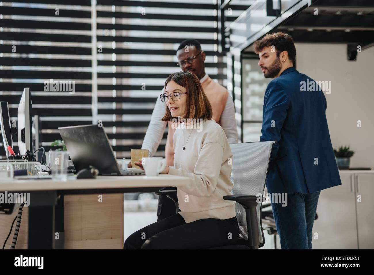 Diverse business team collaborates in a modern office, discussing ...