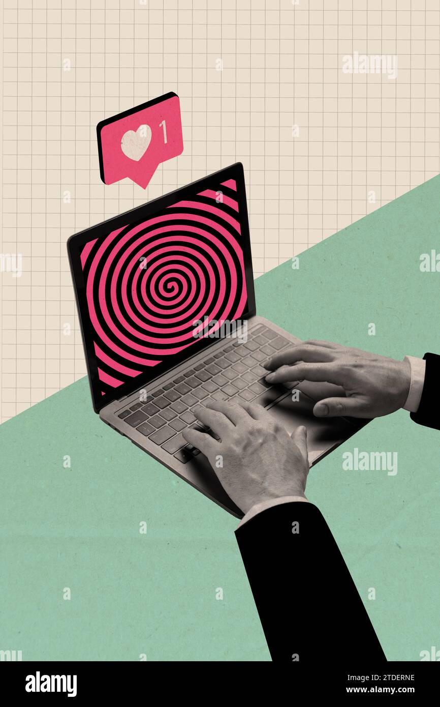 Vertical creative collage picture retro filter hands type write text ...