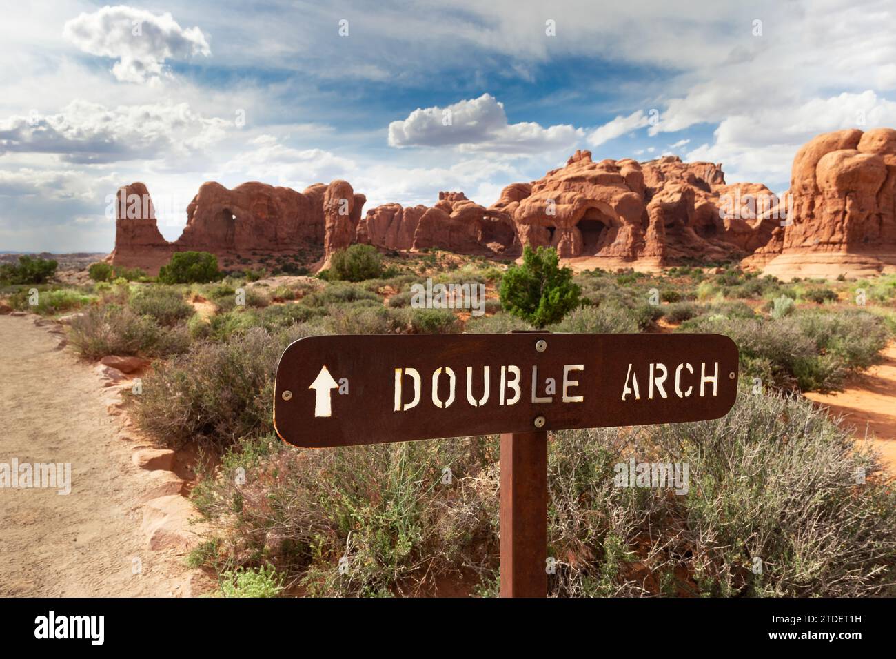 Tourist Directional Sign Pointing to Double Arch Sandstone Rock ...