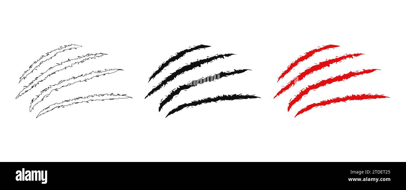Animal claw scratches and marks. Set. Black and red bloody silhouettes ...
