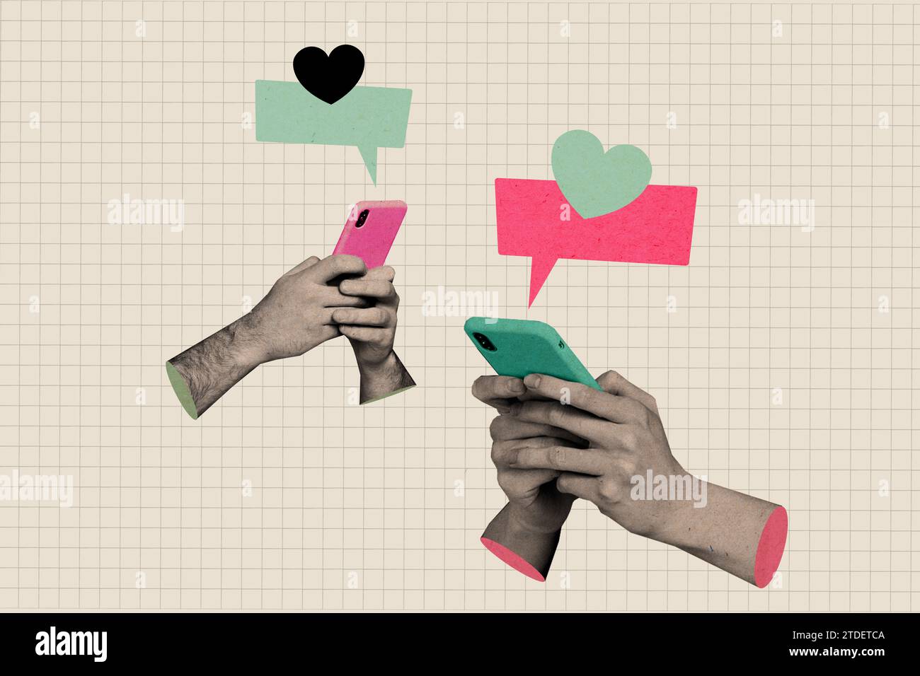 Horizontal cute photo collage of two peoples hands hold smartphones and ...