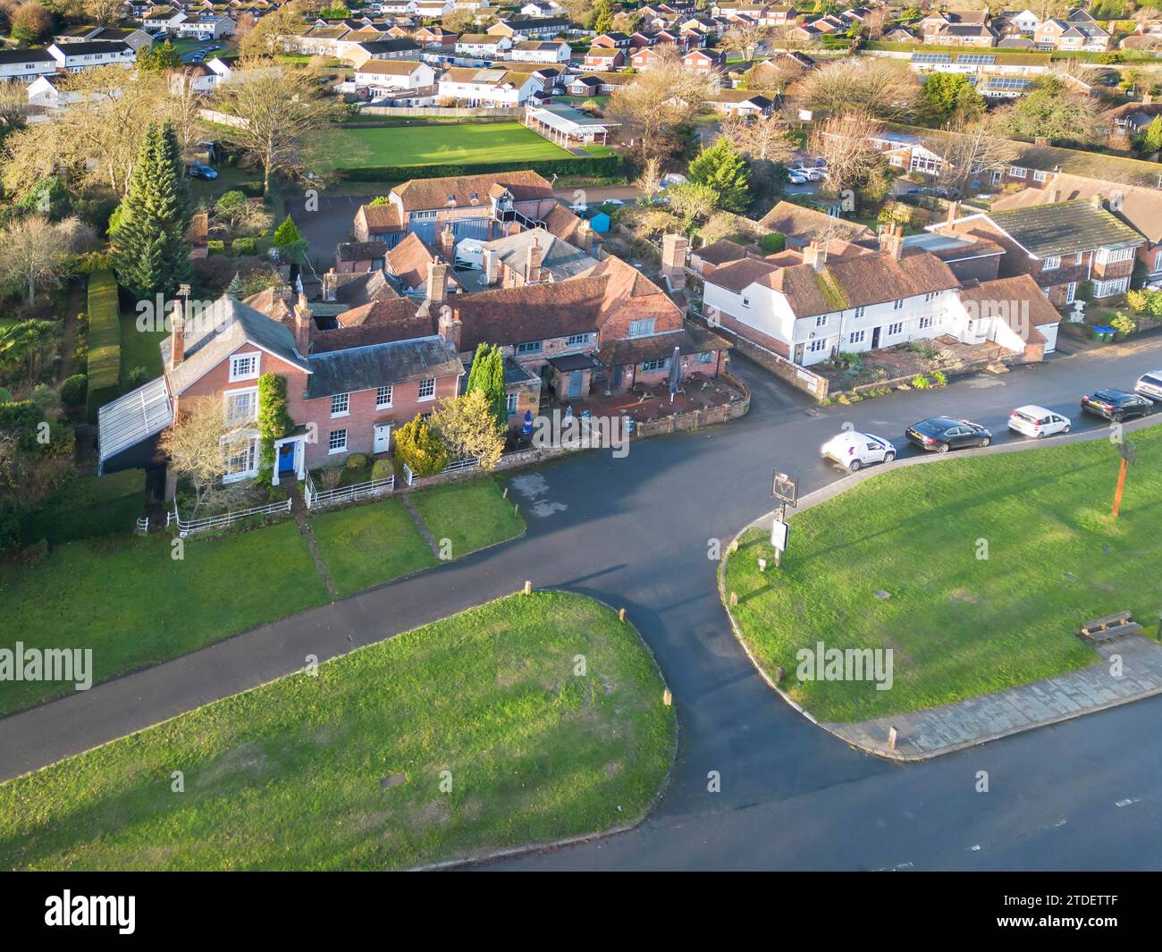 aerial view of the green and pub in the centre of Newick village east ...