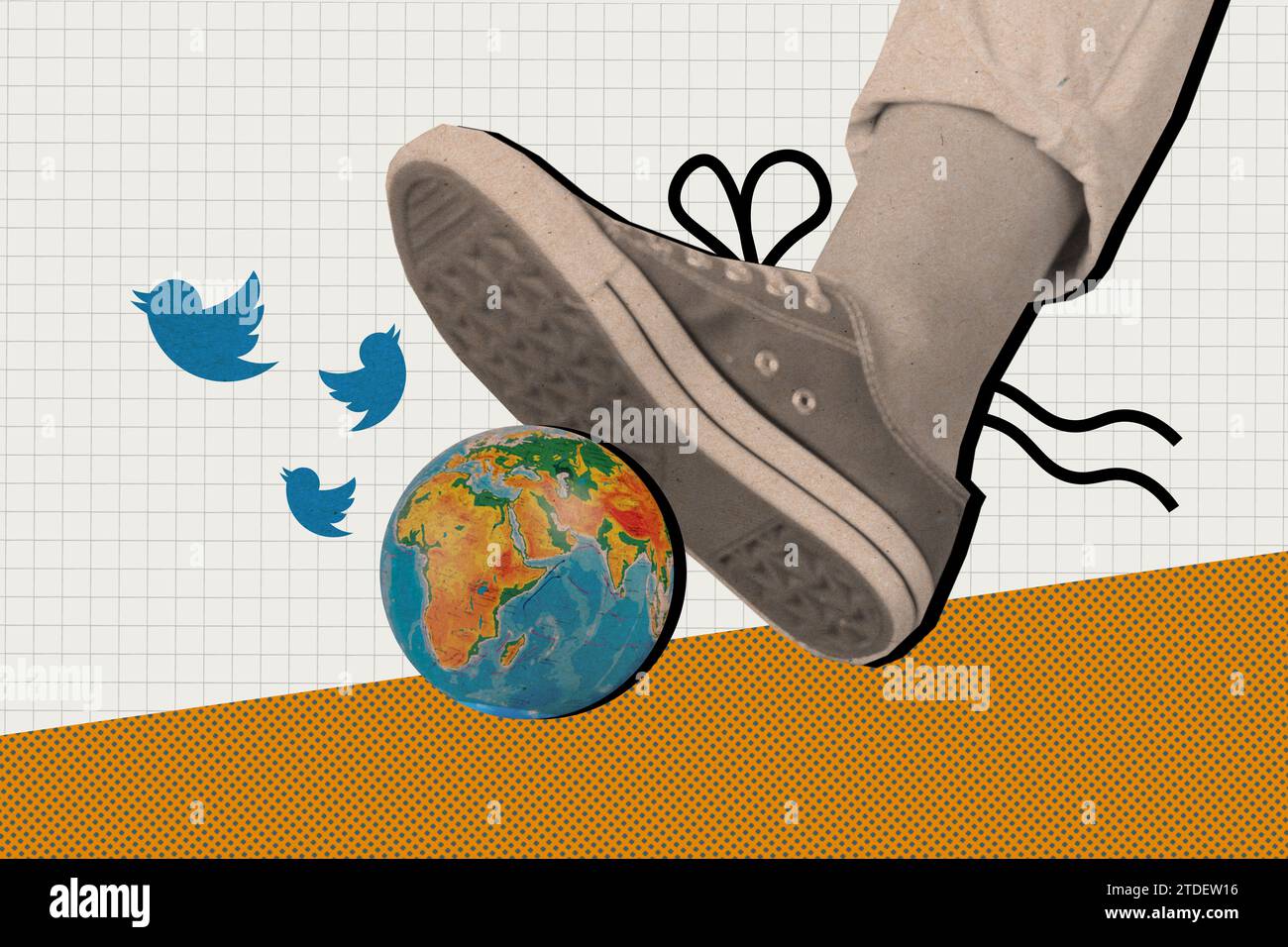 Horizontal creative photo collage human step on earth globe concept of ...