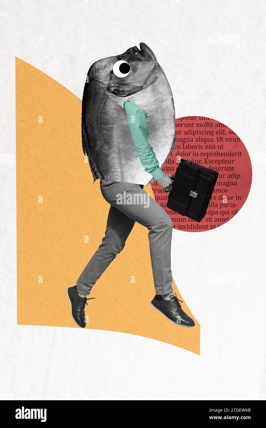 Collage artwork picture of funky weird freak strange fish head running ...