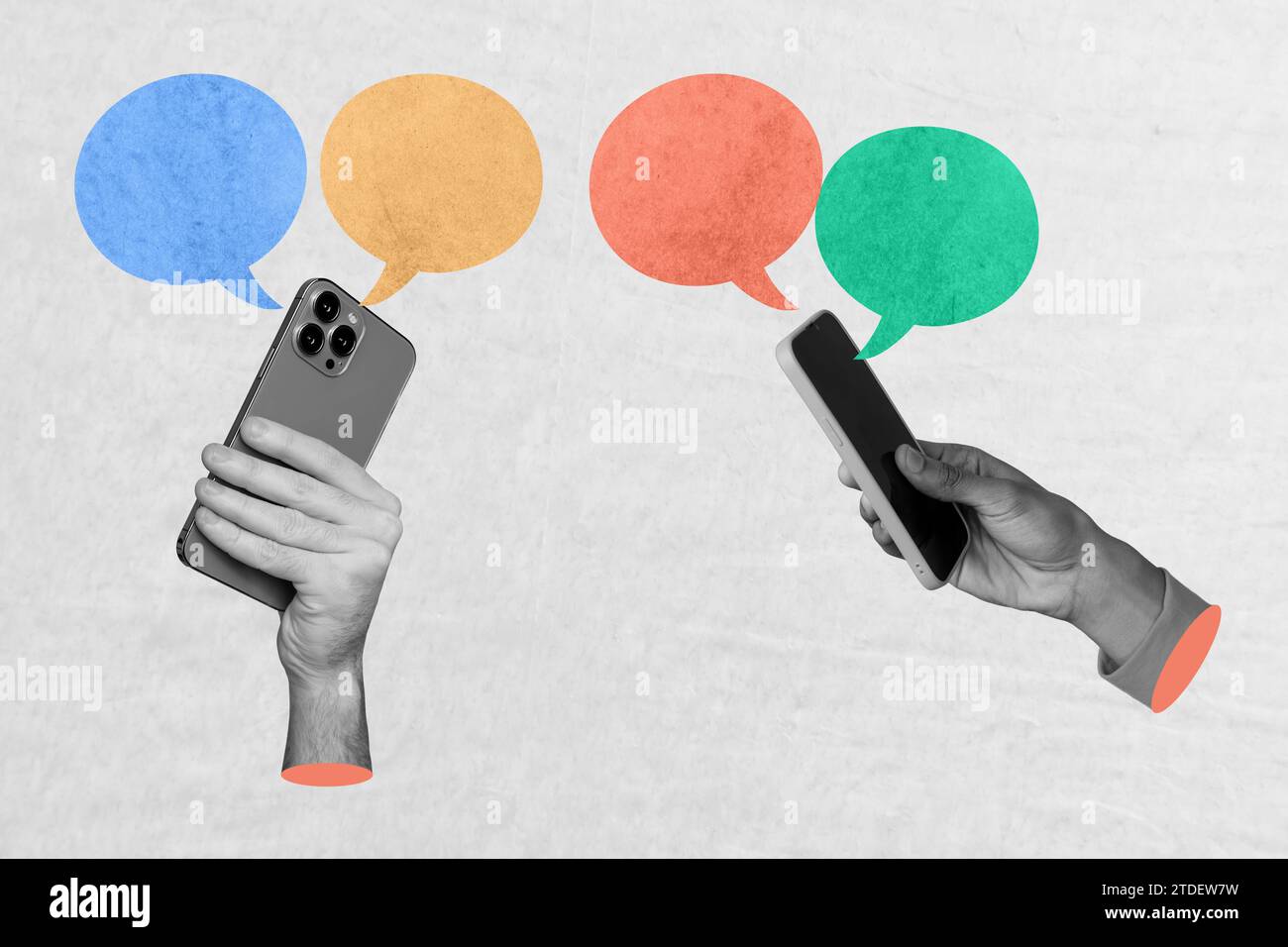 Horizontal creative photo collage of two hand hold mobile phone with ...