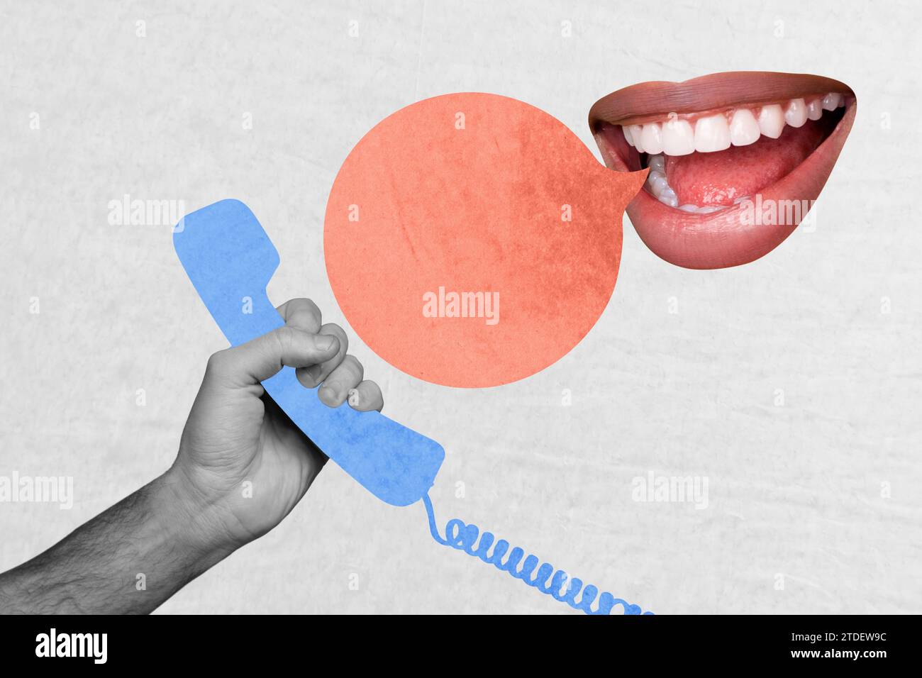 Horizontal photo collage man hand hold wire telephone big mouth smile ...