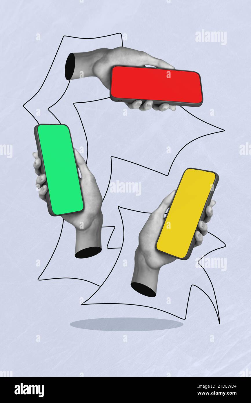 Vertical creative collage picture monochrome effect three human hands ...