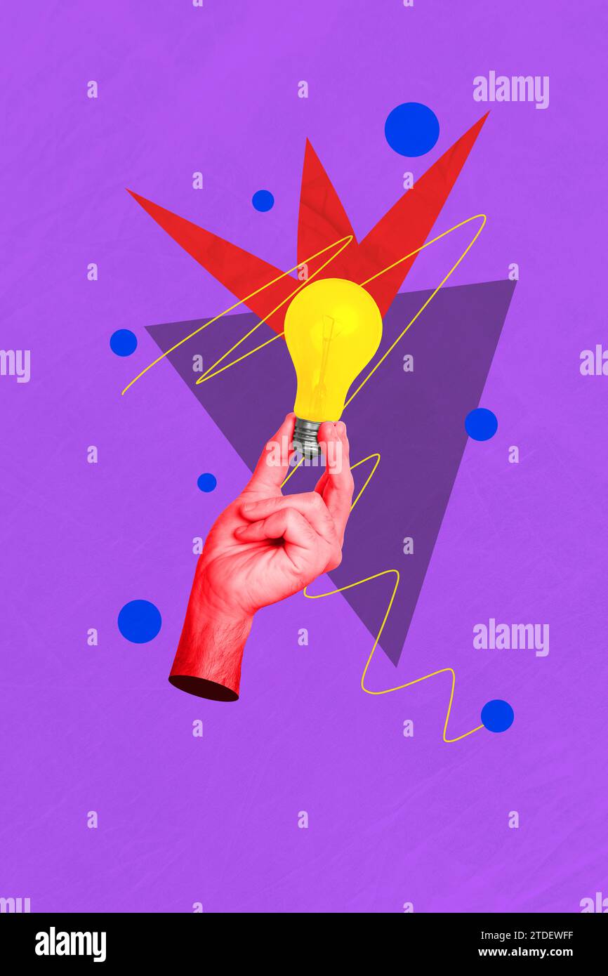 Vertical creative composite photo collage of human hand holding lightbulb searching for business ...