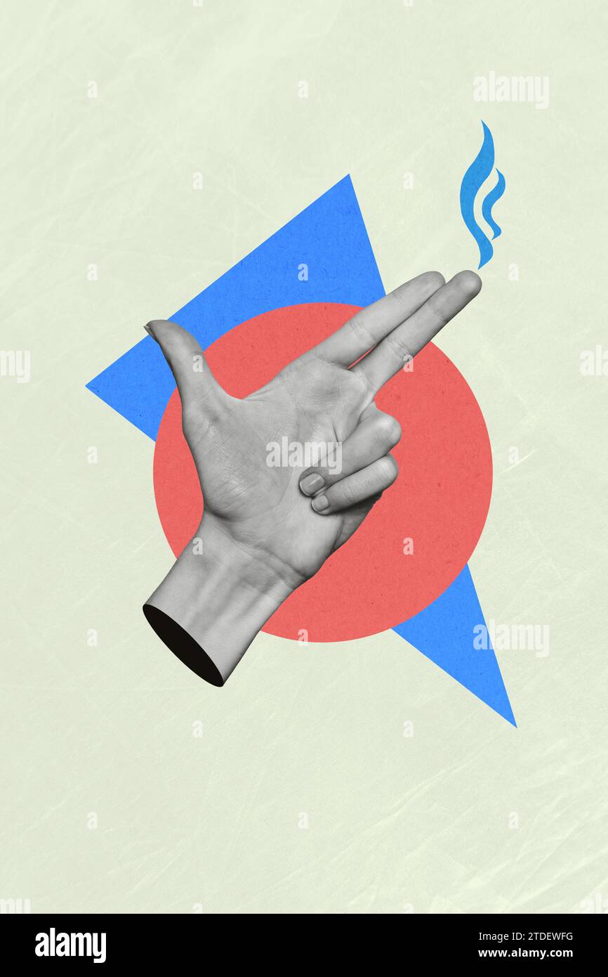 Vertical collage creative poster monochrome effect hand show gun finger ...