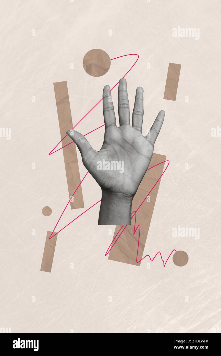 Vertical composite collage photo of human hand raise up five number ...