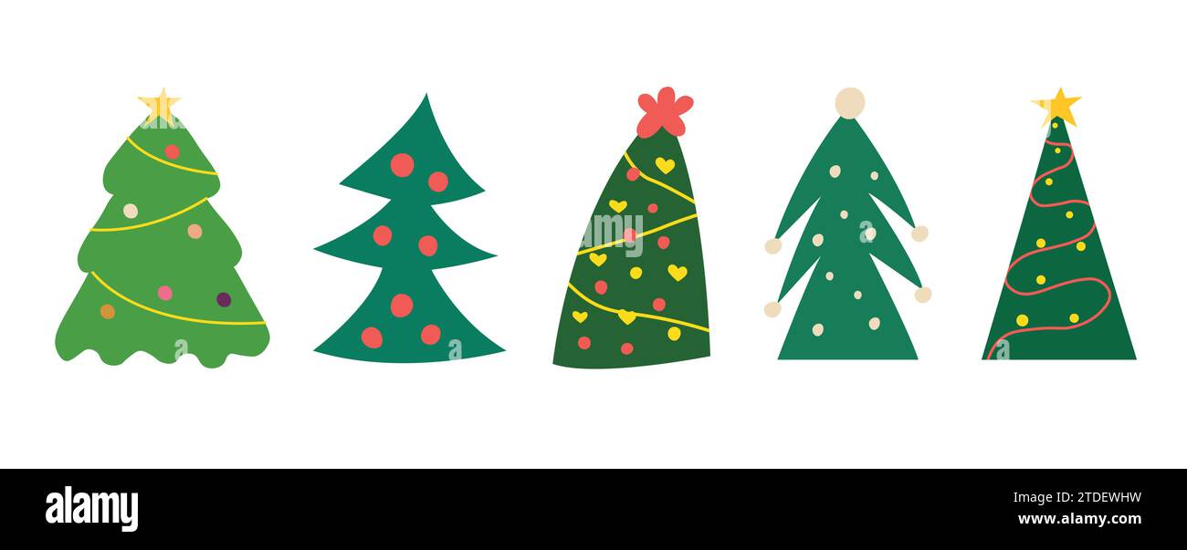Set of winter christmas trees green color. Doodle Scandinavian style ...