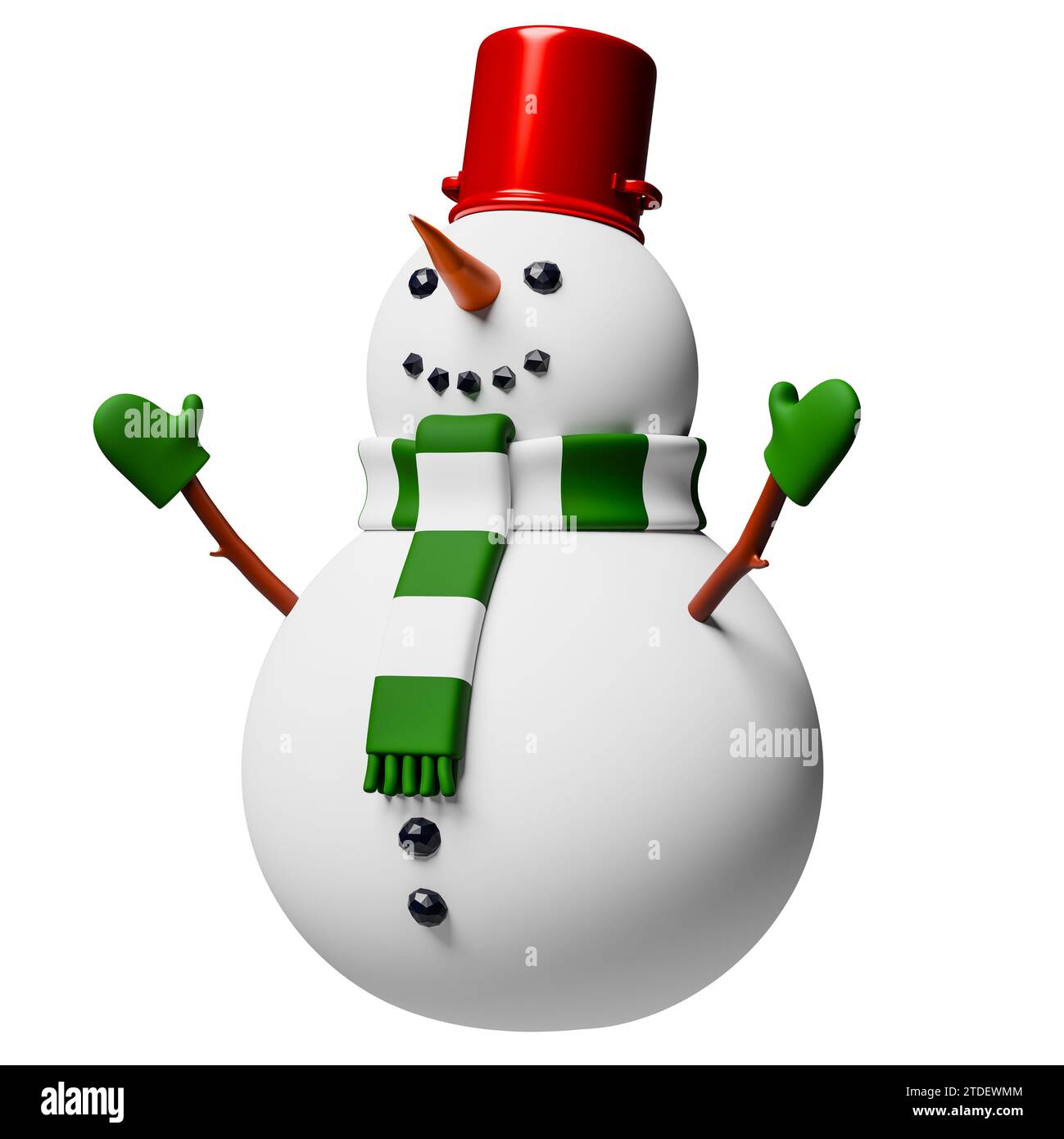 Snowman wearing red pot as a hat, scarf and gloves isolated on white ...