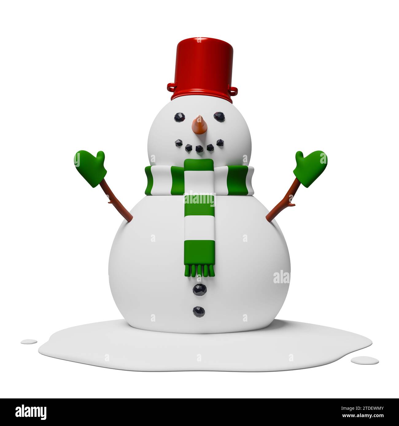 Snowman wearing pot as a hat, scarf and gloves standing in a pile of ...
