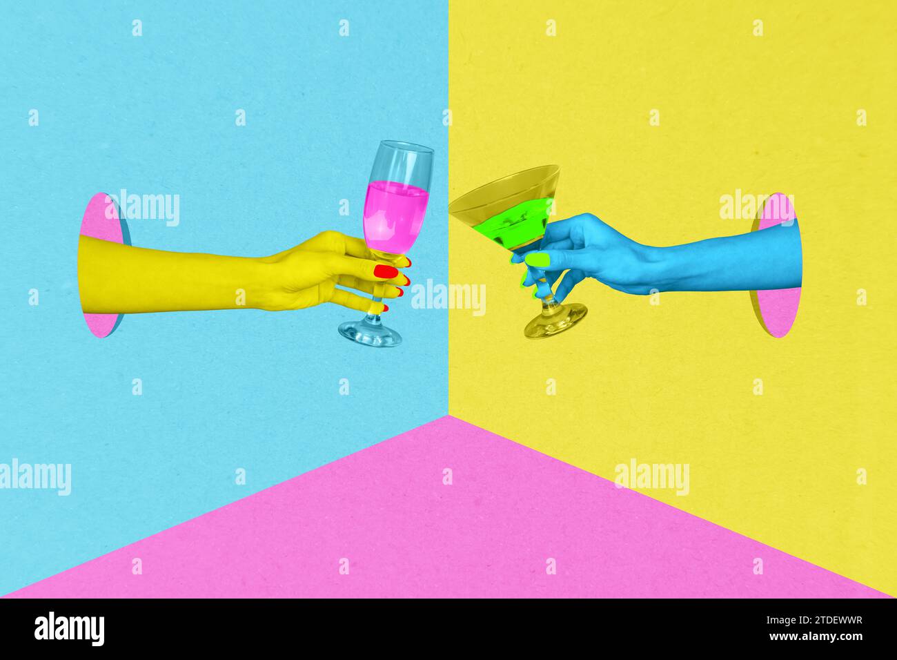 Horizontal colorful photo collage of two friends hands reach to make ...