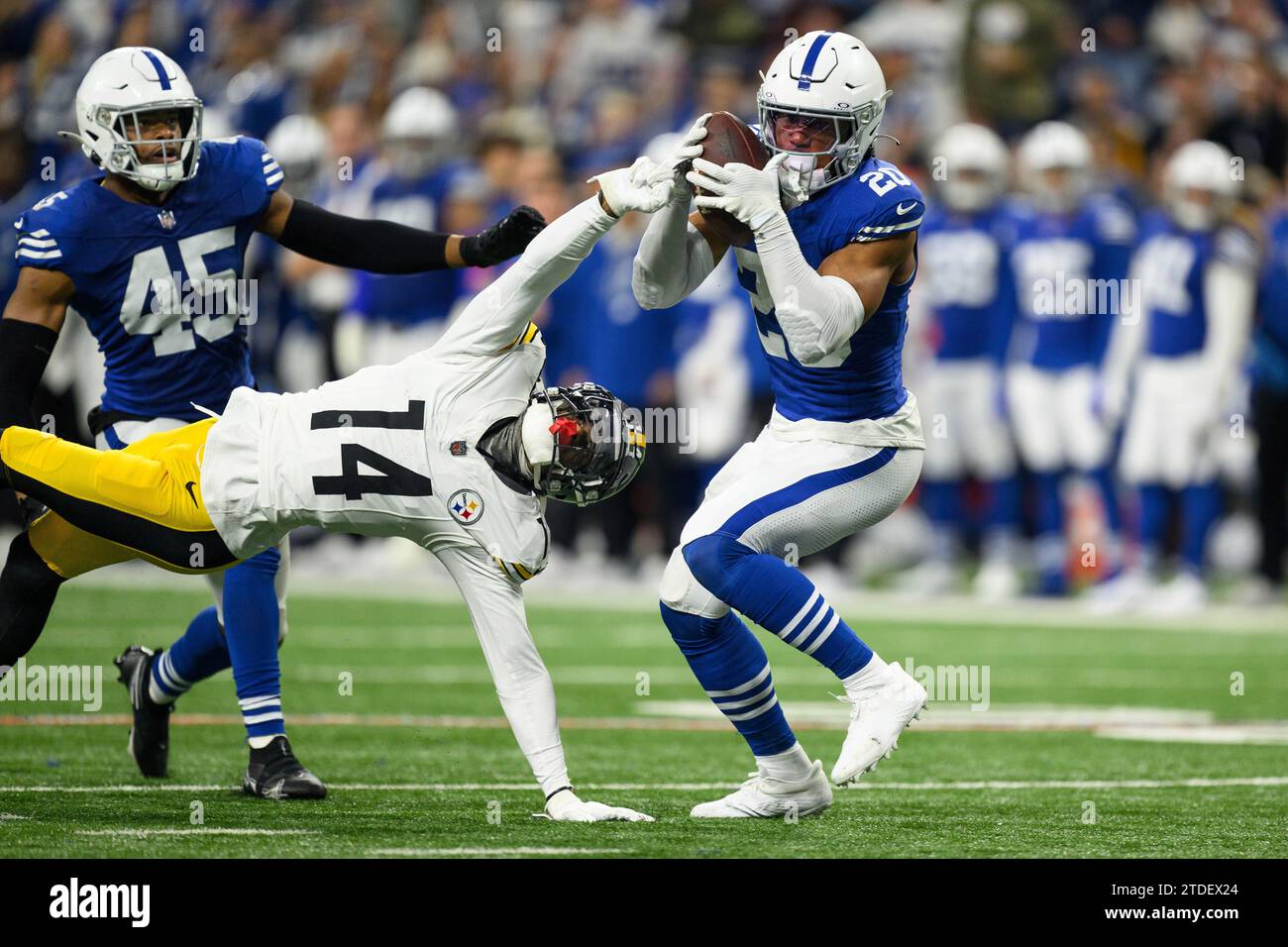 Indianapolis Colts safety Nick Cross (20) intercepts a pass intended ...