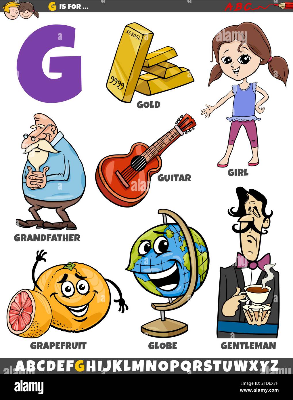 Cartoon illustration of objects and characters set for letter G Stock ...
