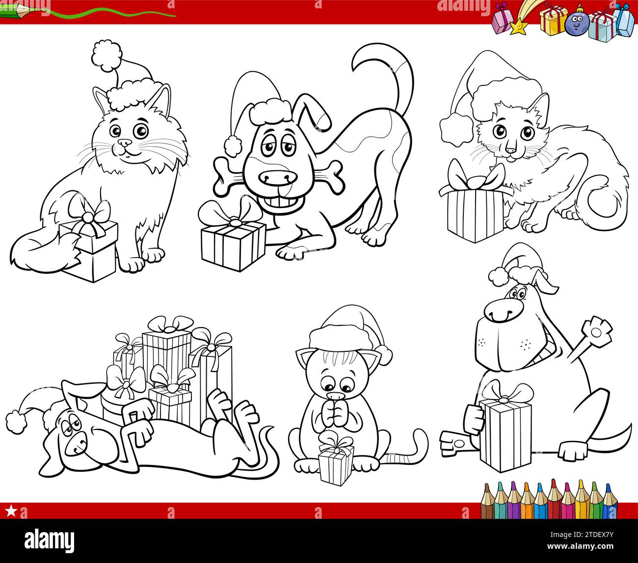 Cartoon illustration of dogs and cats animal characters with Christmas ...