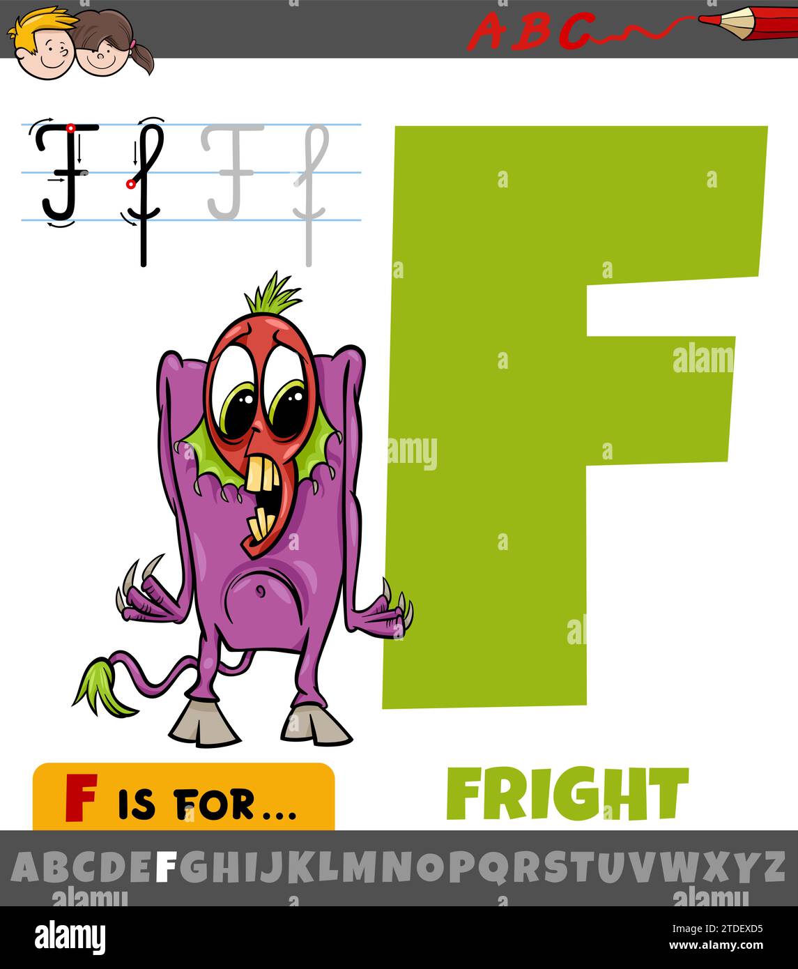 Educational cartoon illustration of letter F from alphabet with fright ...