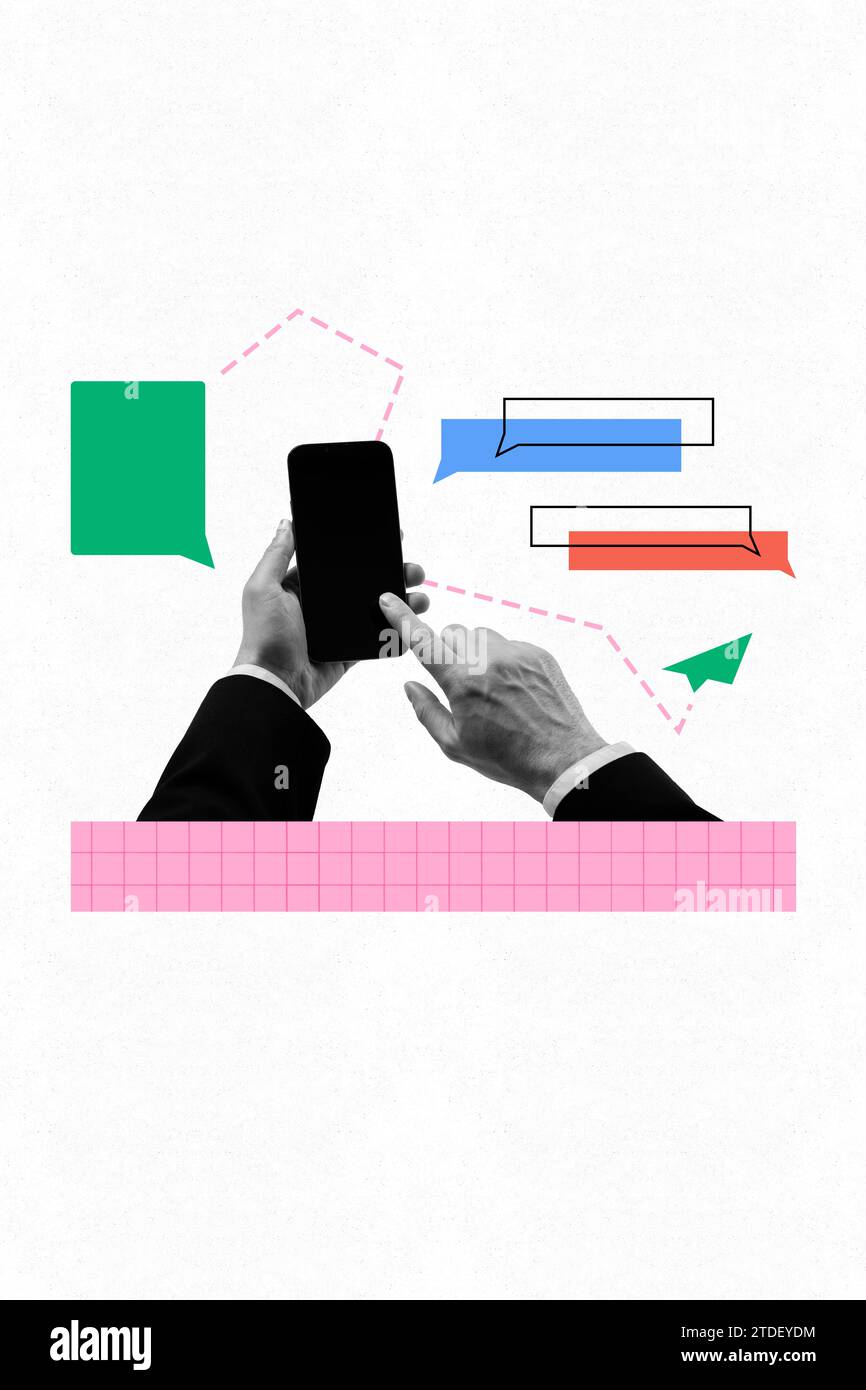 Vertical collage creative poster human hands hold smartphone write ...