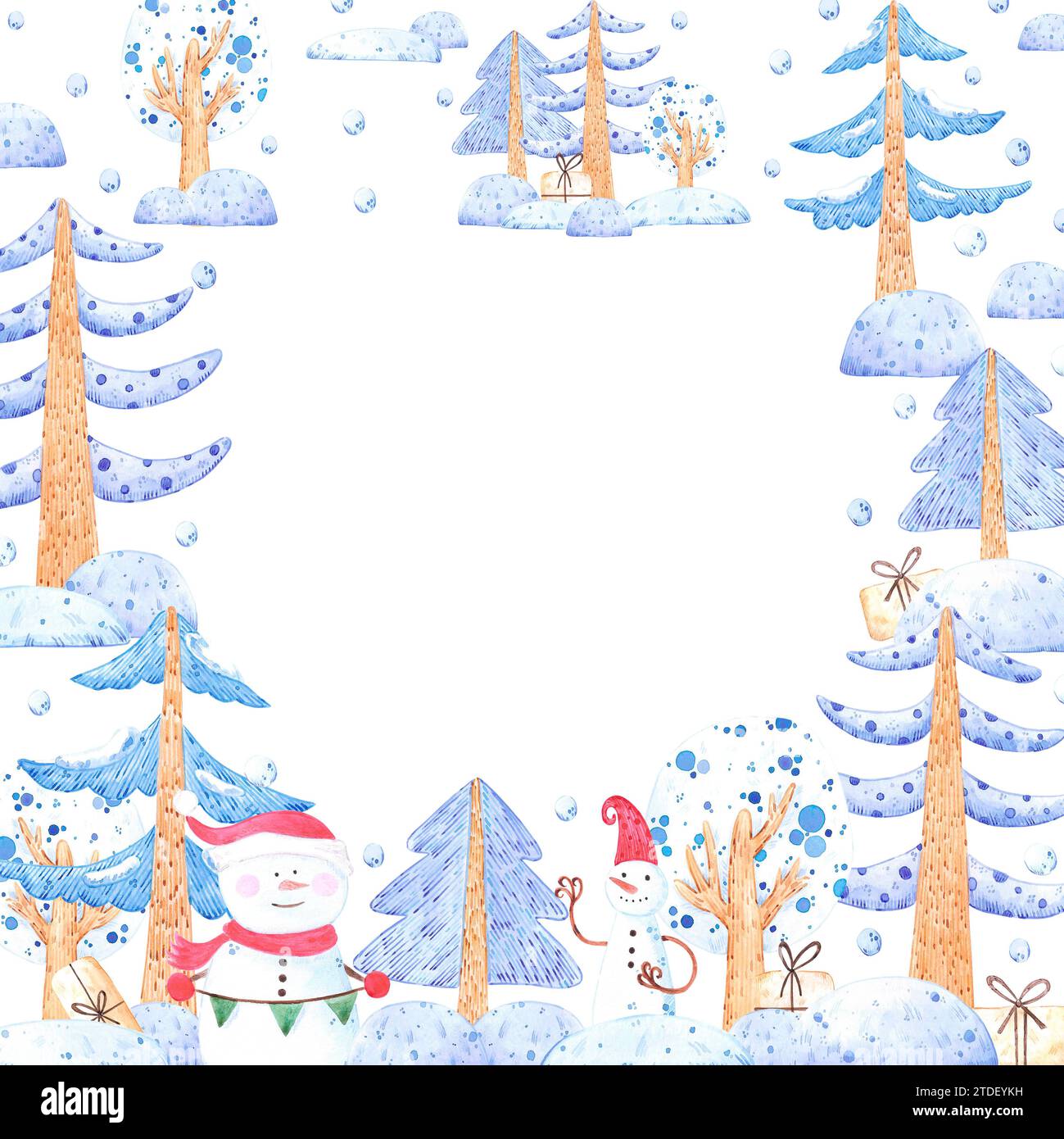 Hand drawn watercolor winter new year forest with snowmen border. Fairy ...