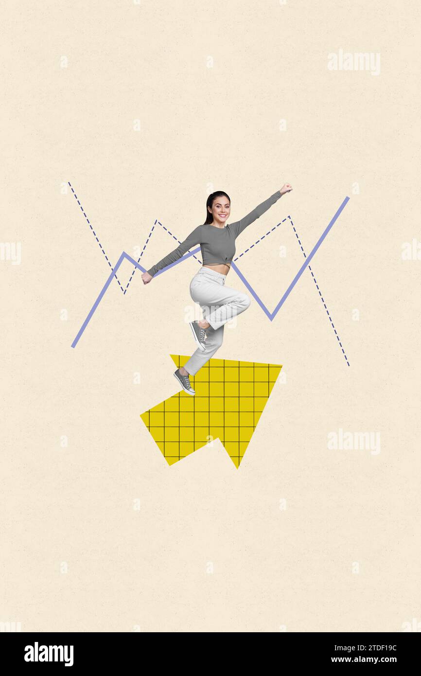 Vertical funny creative photo collage of young woman fly run with ...