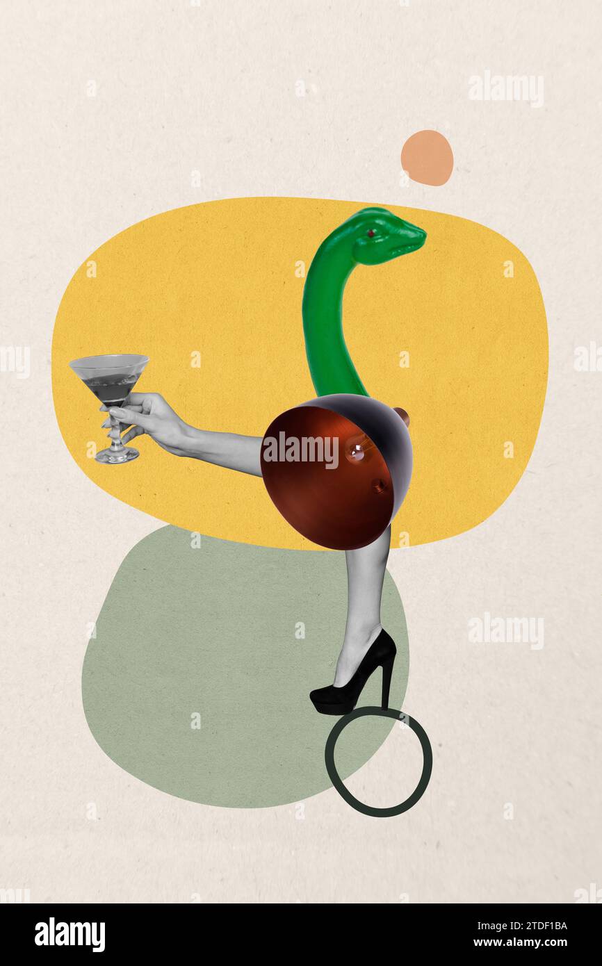 Collage picture image of unusual weird female body hand hold wine ...