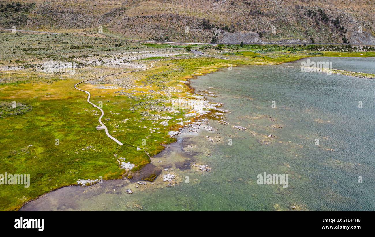 Aerial of the saline soda lake, Mono Lake, California, United States of ...