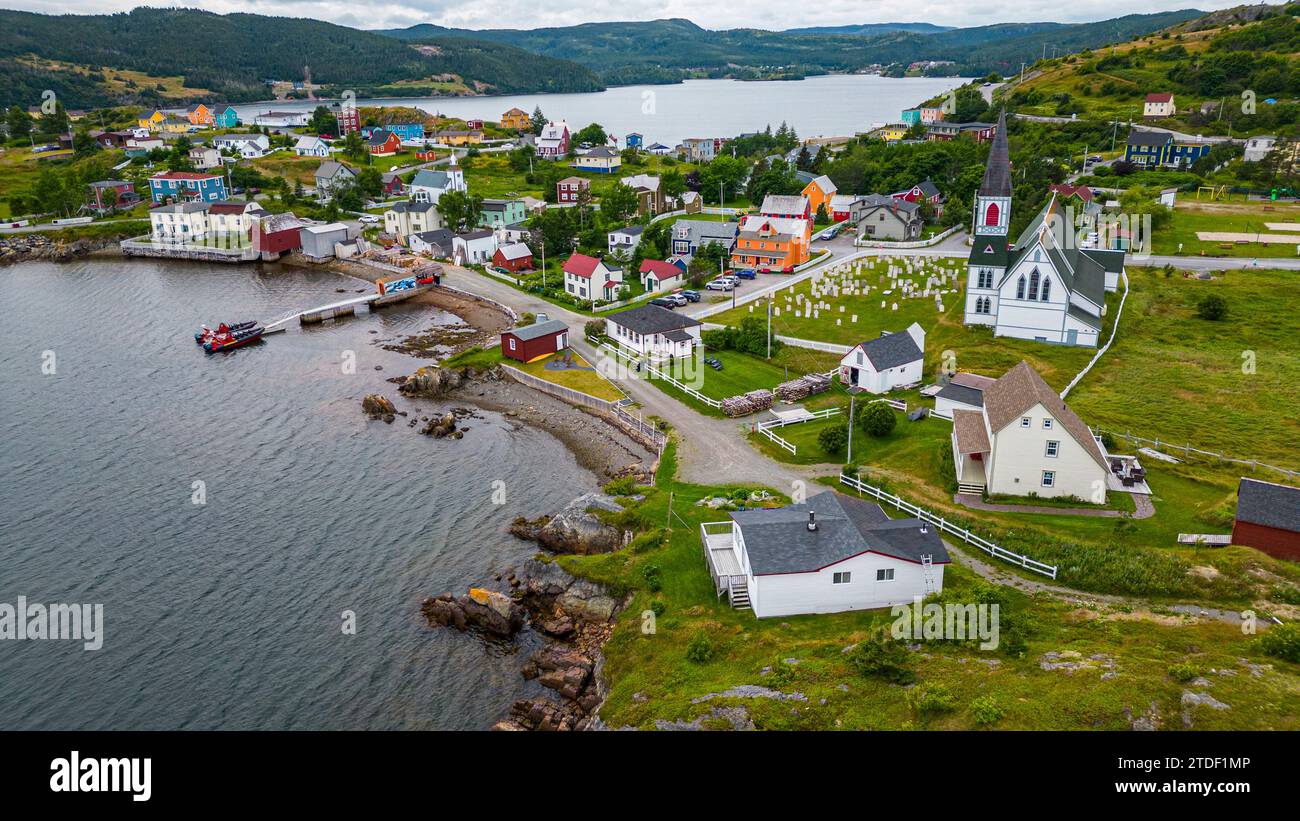 Aerial of the historic town of Trinity, Bonavista Peninsula ...