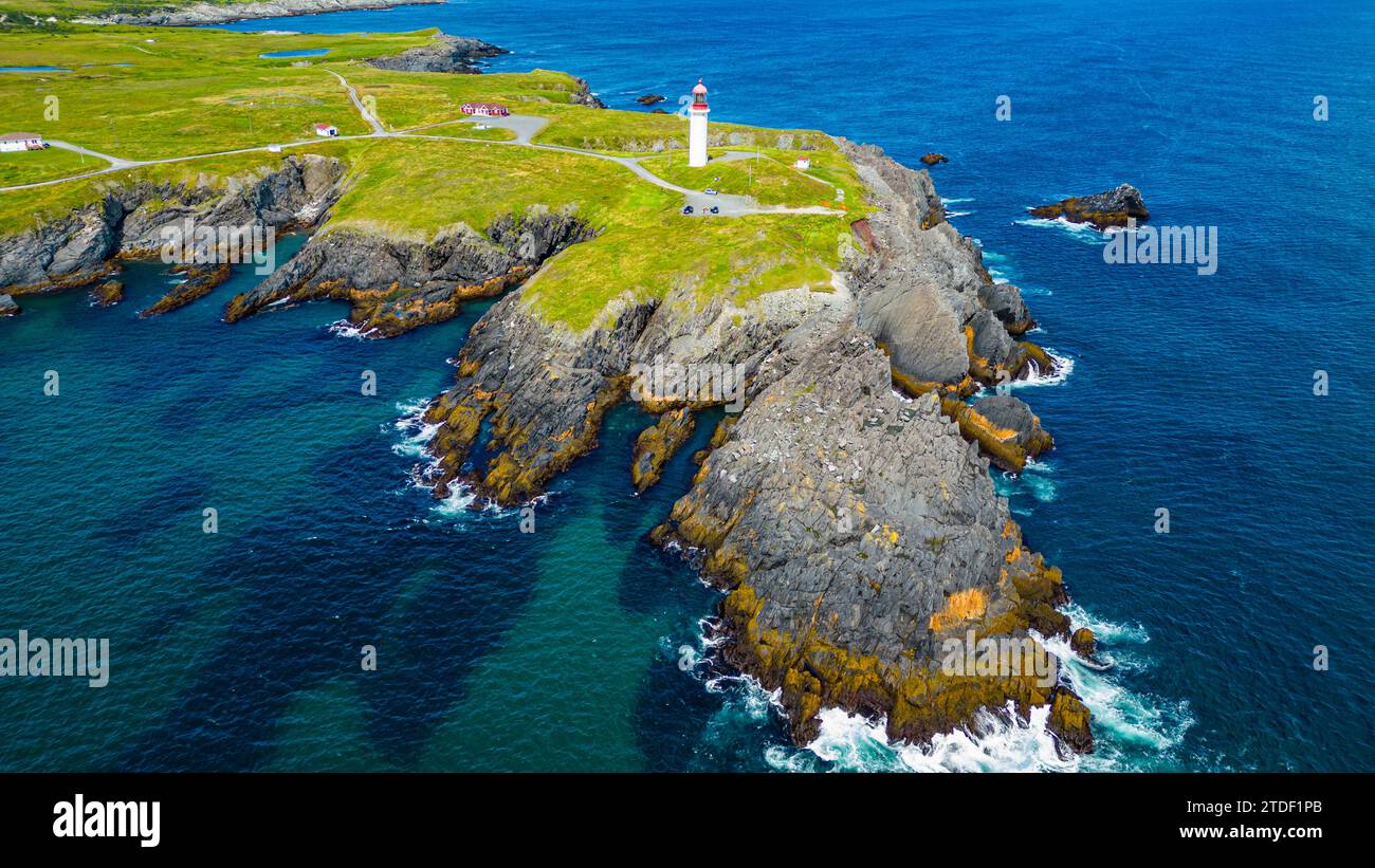 Aerial of Cape Race Lighthouse, Mistaken Point, UNESCO World Heritage ...
