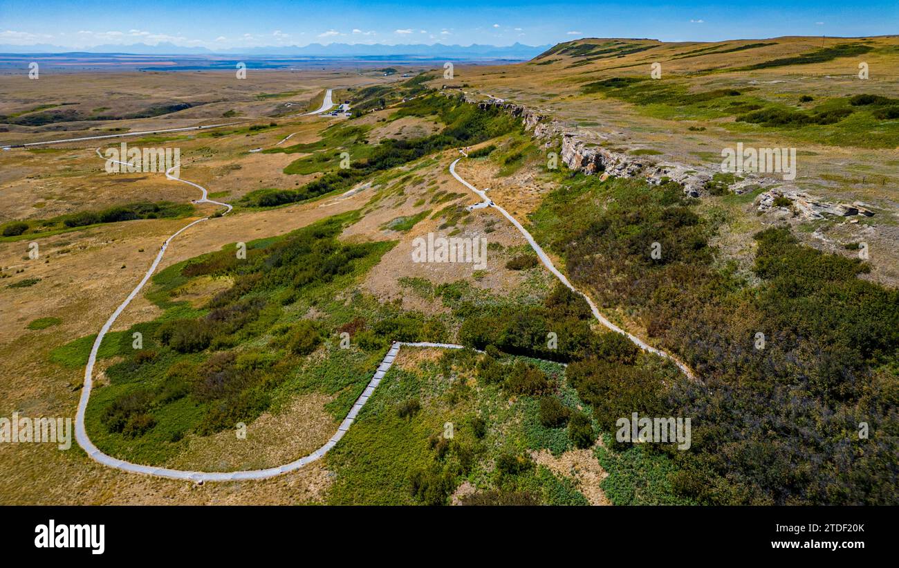 Aerial of the Head Smashed in Buffalo Jump, UNESCO World Heritage Site ...