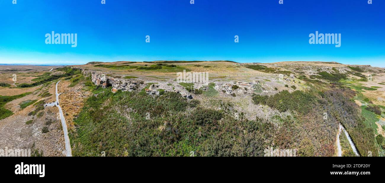 Aerial of the Head Smashed in Buffalo Jump, UNESCO World Heritage Site ...