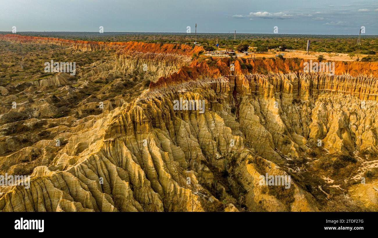 Aerial of the sandstone erosion landscape of Miradouro da Lua ...