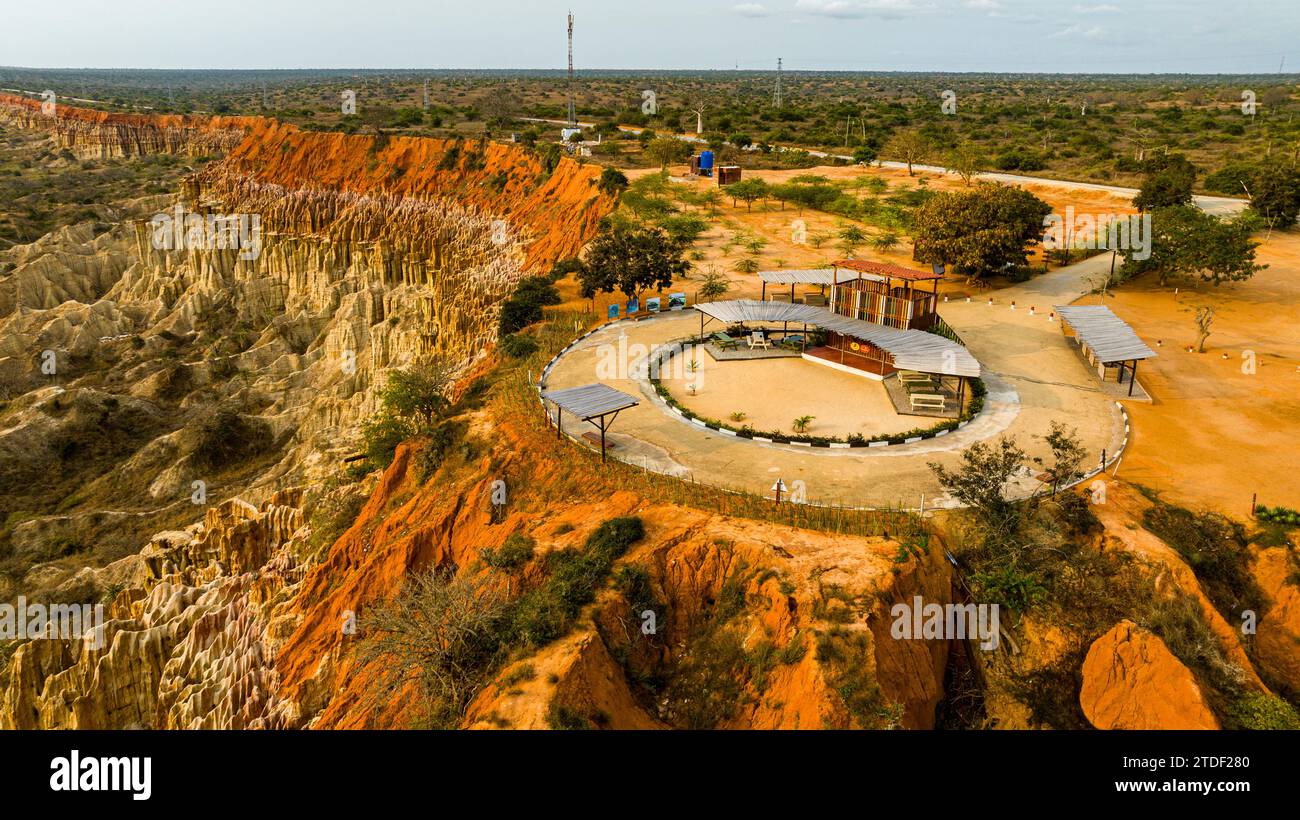 Aerial of the sandstone erosion landscape of Miradouro da Lua (Viewpoint of the Moon), south of ...