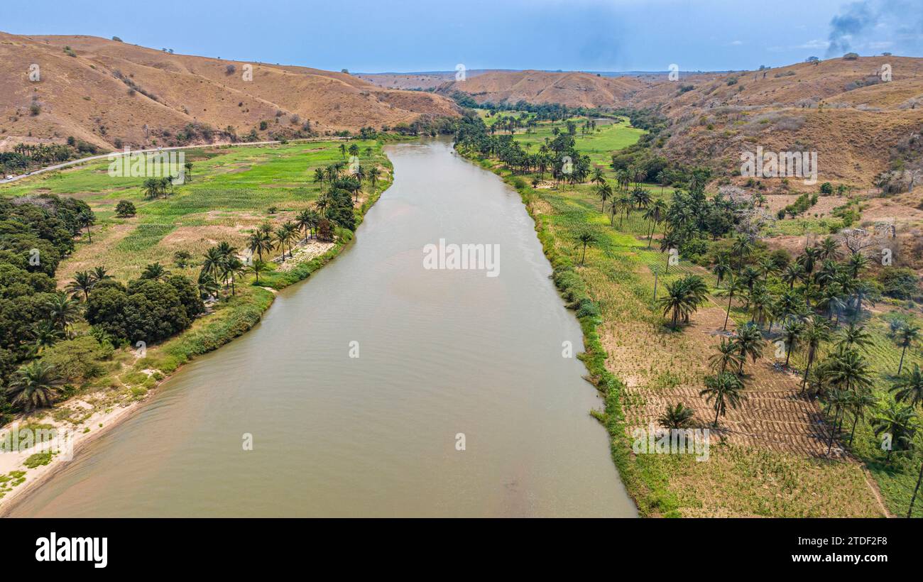 Aerial of the Cuvo River (Rio Keve) near the Binga waterfalls, Kwanza ...