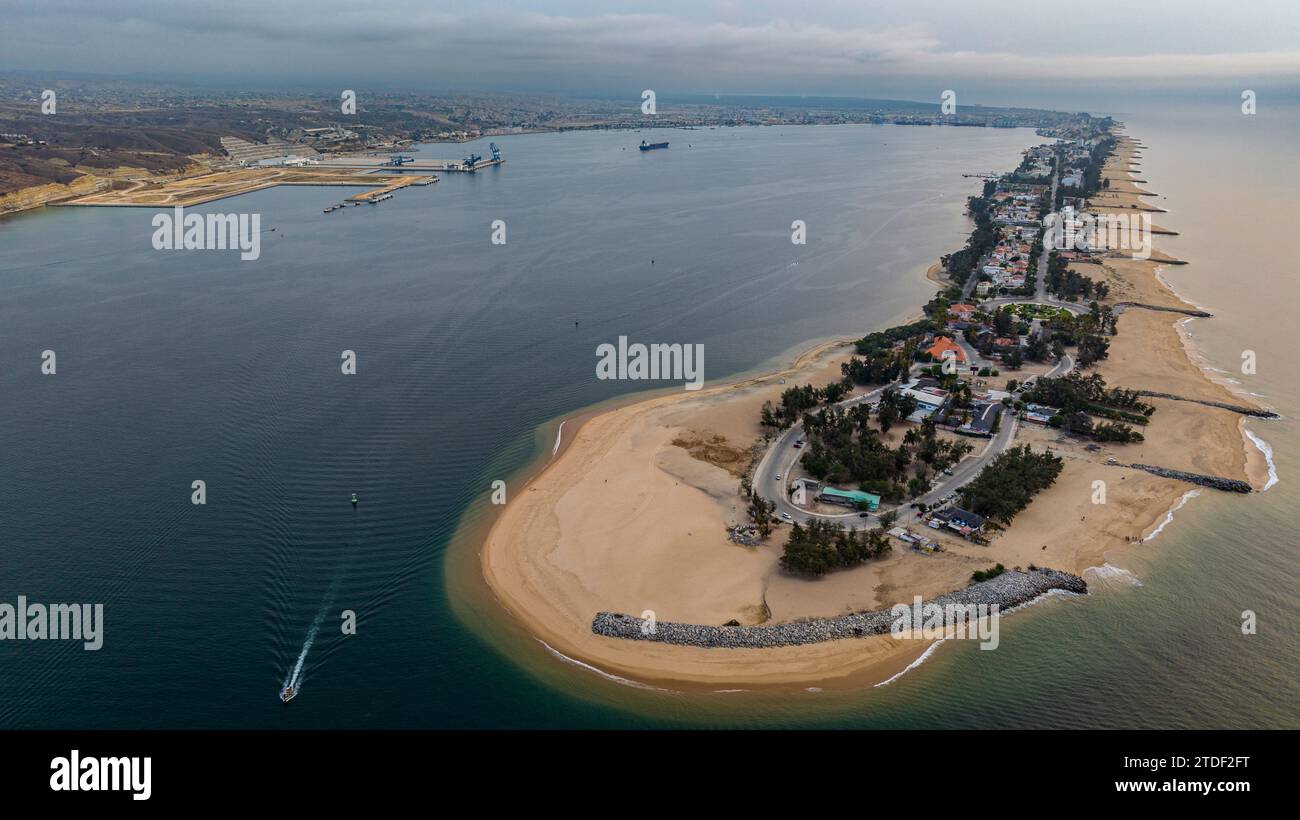 Aerial of the long sandy peninsula, Lobito, Angola, Africa Stock Photo ...