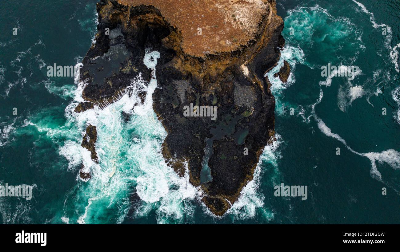 Aerial of the wild coastline with basalt pools on the Atlantic ...