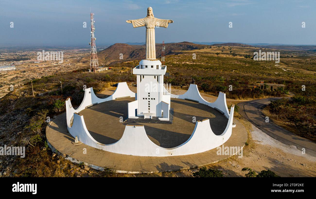 Aerial of the Christ the King Statue, overlooking Lubango, Angola ...