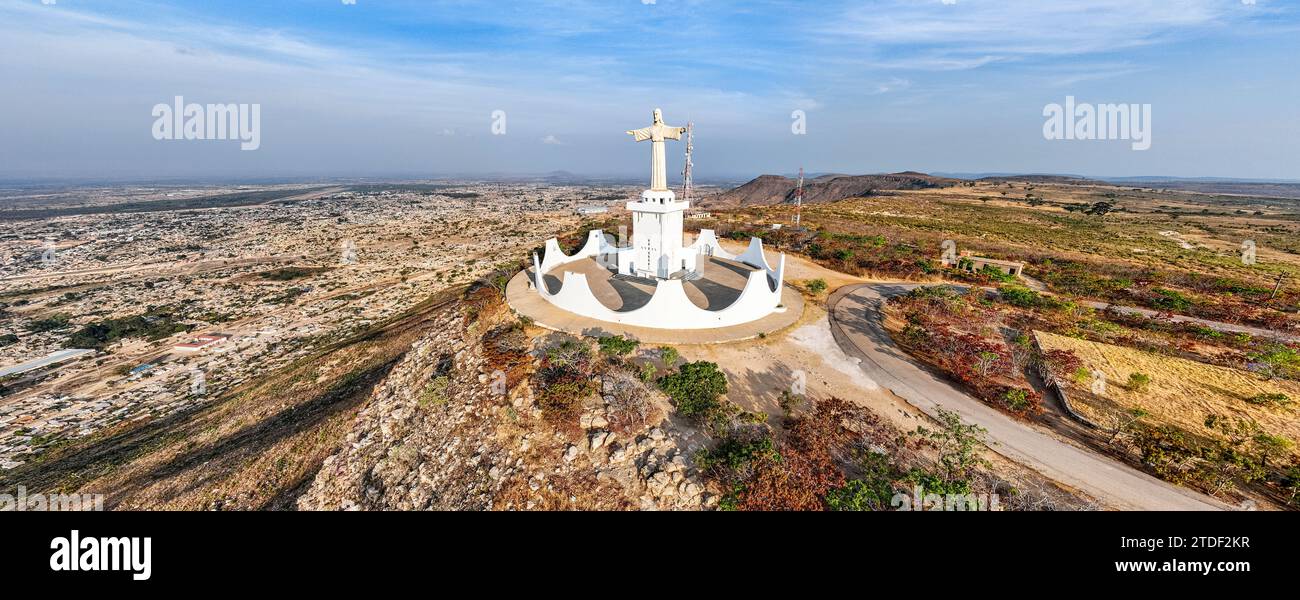 Aerial of the Christ the King Statue, overlooking Lubango, Angola ...
