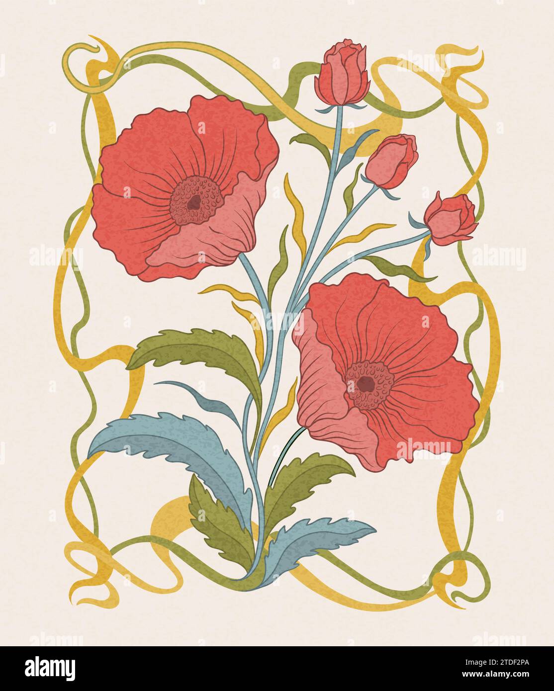 Floral poppy plant in art nouveau 1920-1930. Hand drawn poppy with ...