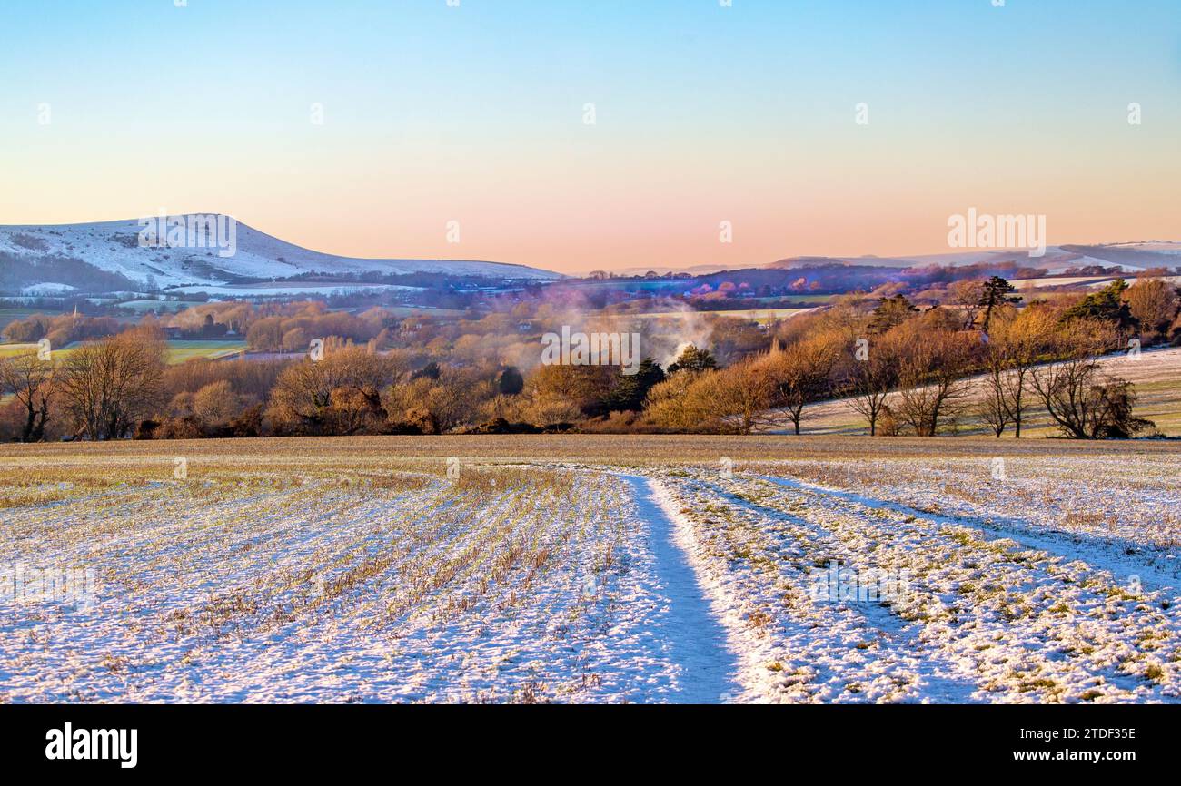 The South Downs on a snowy winter afternoon, seen from Wilmington, East ...