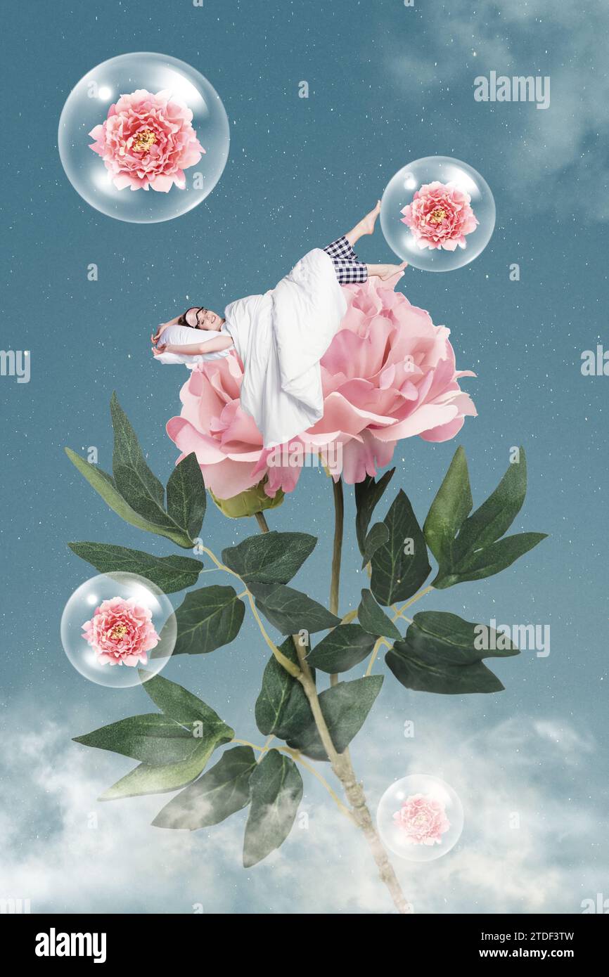 Vertical creative photo collage of young lady lying on huge peony rose ...