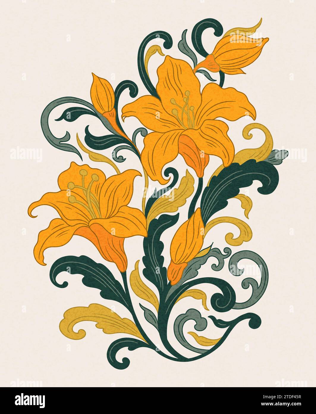 Floral lily easter plant in art nouveau 1920-1930. Hand drawn lily with ...