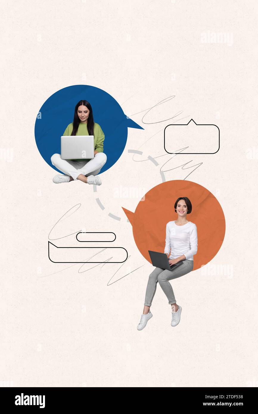 Vertical collage poster banner two young woman sitting text messages ...